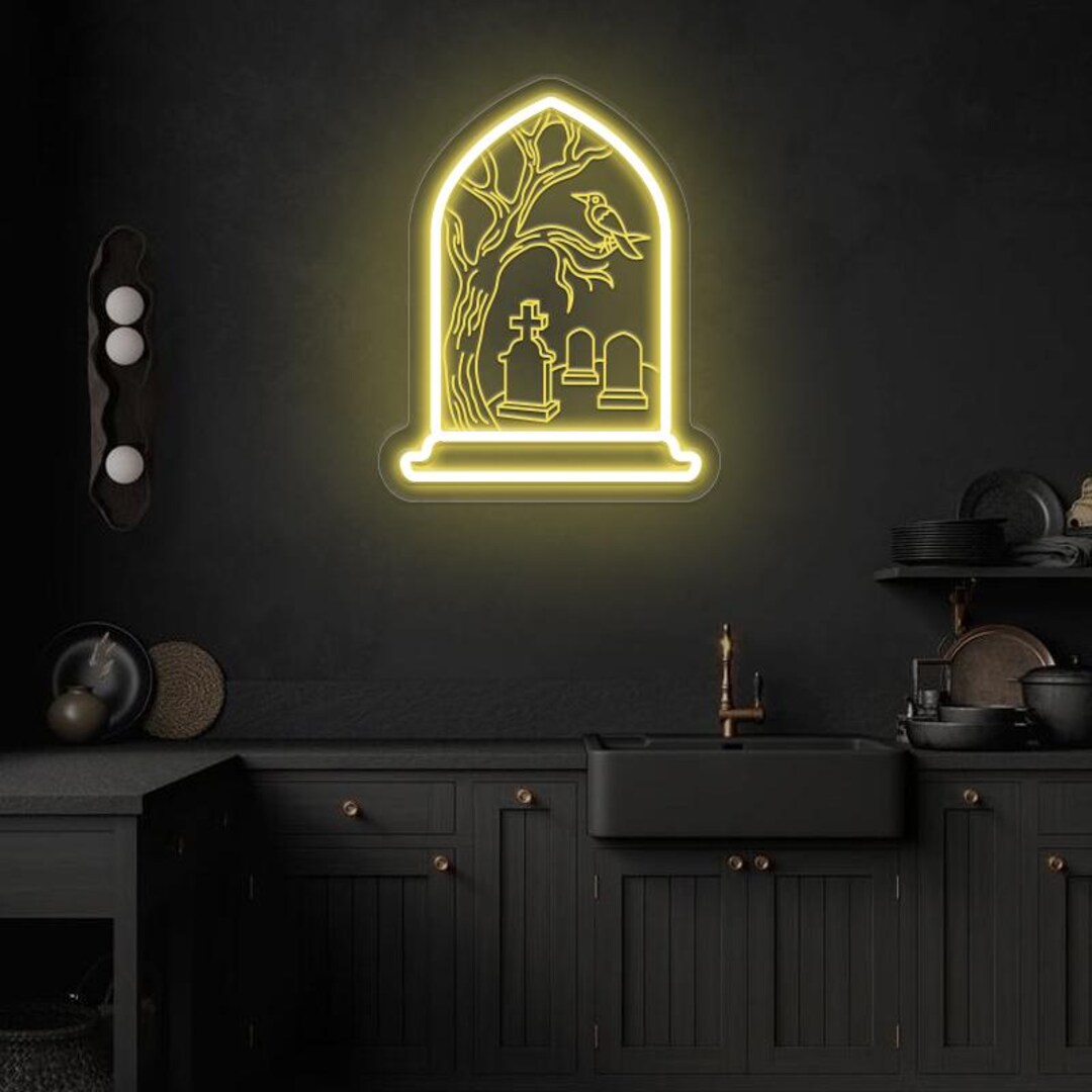 Grave Headstone Neon Sign,gothic Cemetery Crow Light Sign,goth Wall Art ...