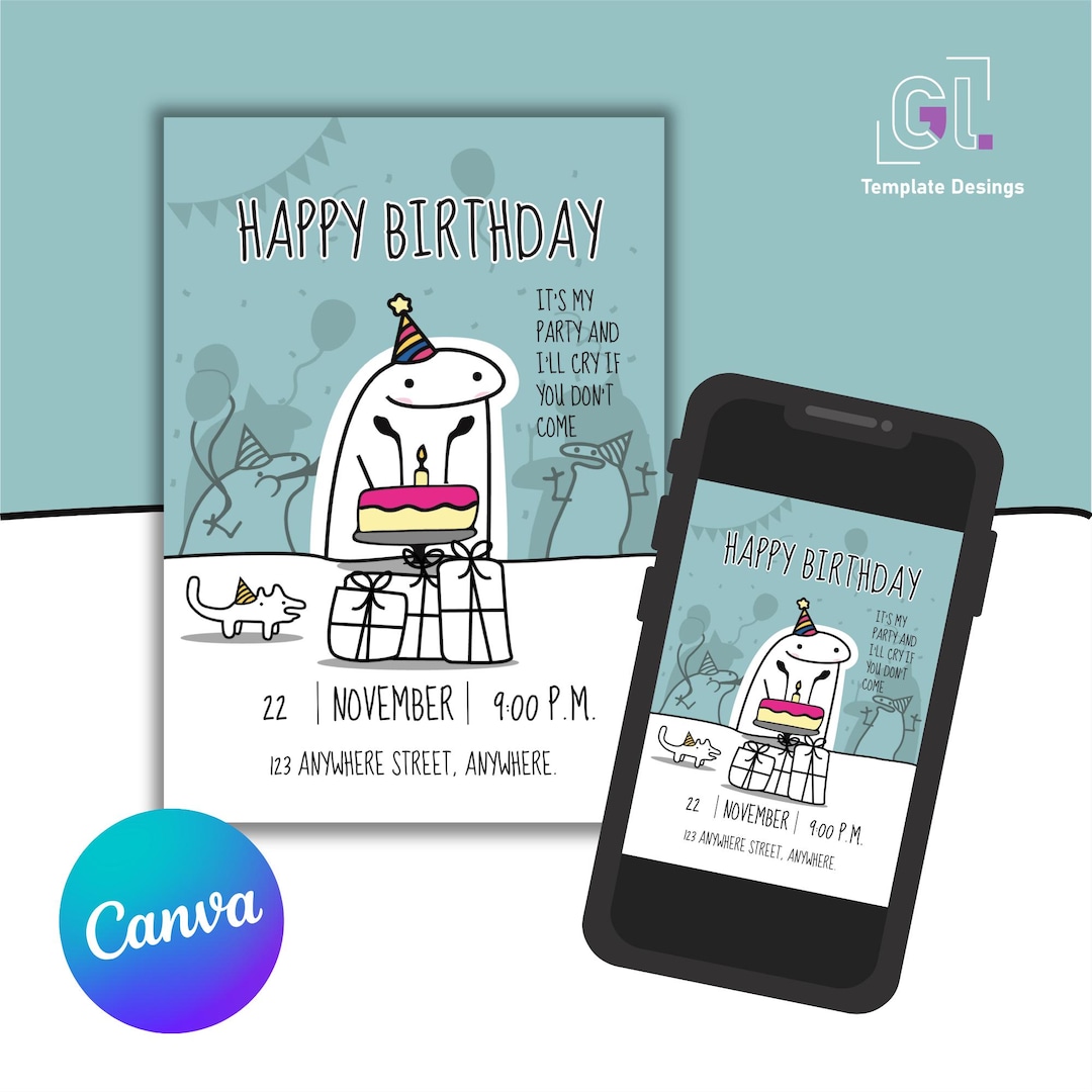 Flork Meme Birthday Invitation, Editable Digital Template Canva, for ...