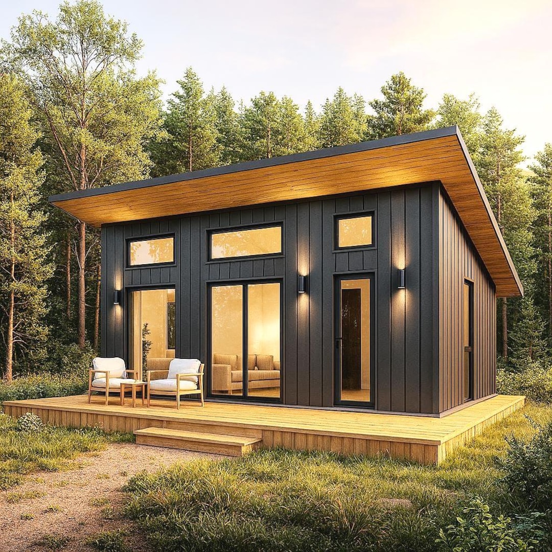 18x32ft Black Lean-to Cabin Plan • 550 Sq Ft PDF DWG • 1 Bedroom Lean ...