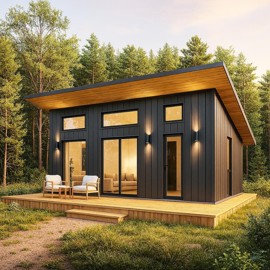 18x32ft Black Lean-to Cabin Plan • 550 Sq Ft PDF DWG • 1 Bedroom Lean ...