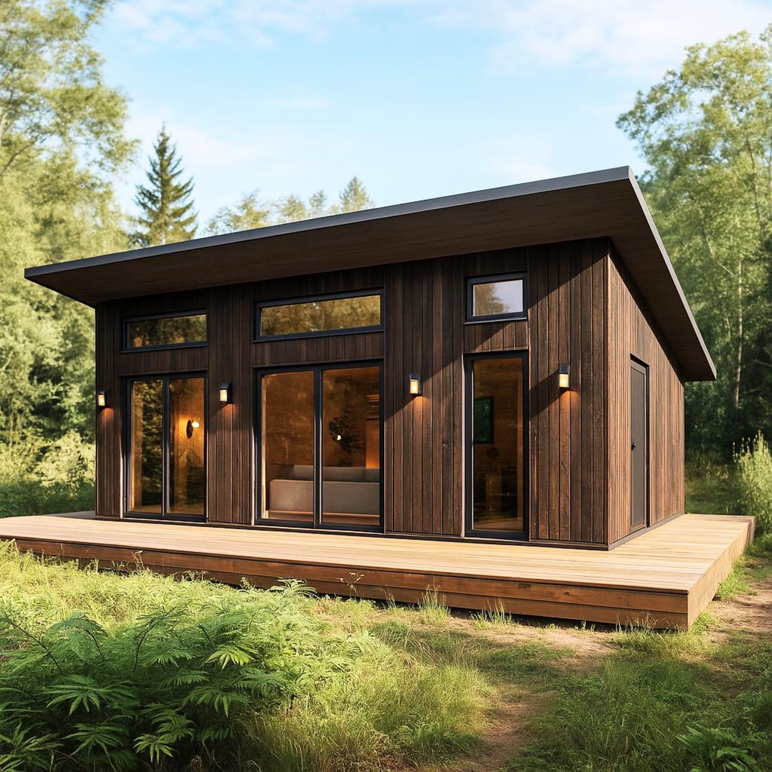 Modern Lean-to Cabin Plan – 1 Bedroom, 550 Sq Ft + 376ft Deck, 18x32 Ft ...