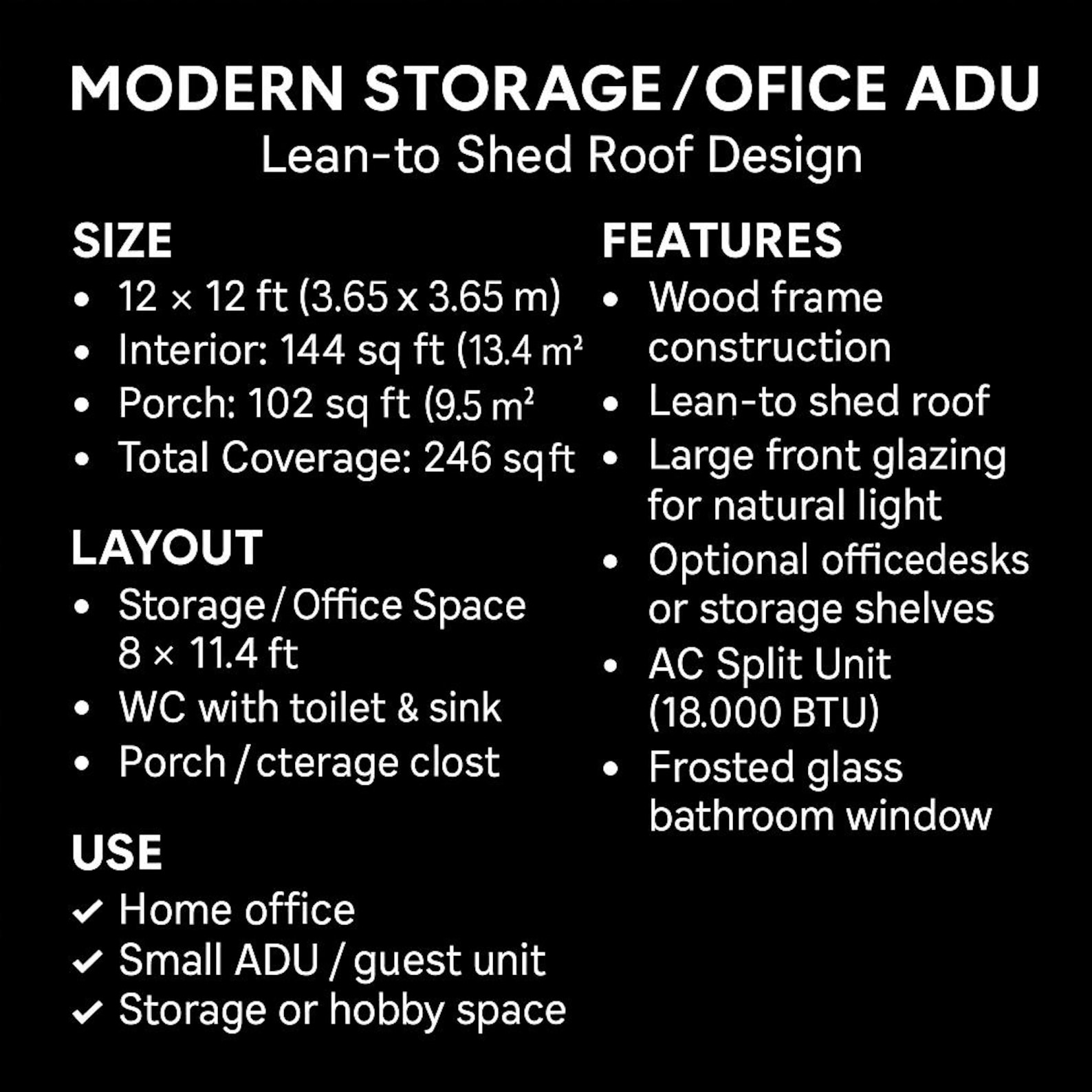12x12ft Home Office Plans - Wc + Porch | 144 Sq. Ft Storage ADU ...