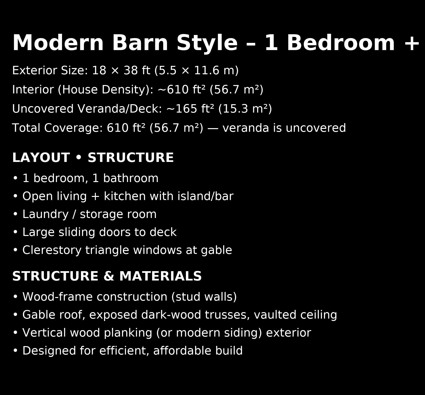 18x38 Ft - 1 Bedroom Modern Barn House Plan, 700 Sq Ft + Laundry ...