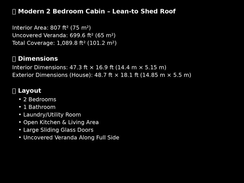 18x48 Ft, 864 Sq Ft Cabin Plan – 2 Bedroom Lean-to House With Shed Roof ...