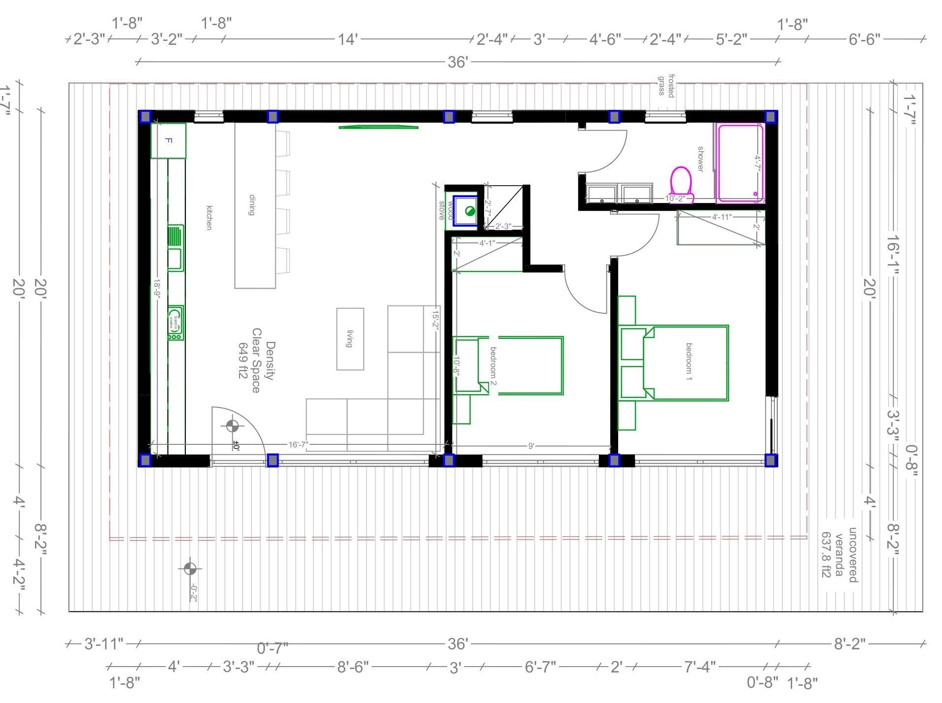 20x36 Ft - 2 Bedroom Cabin • 720 Sq. Ft • Grey Siding • Single Slope ...