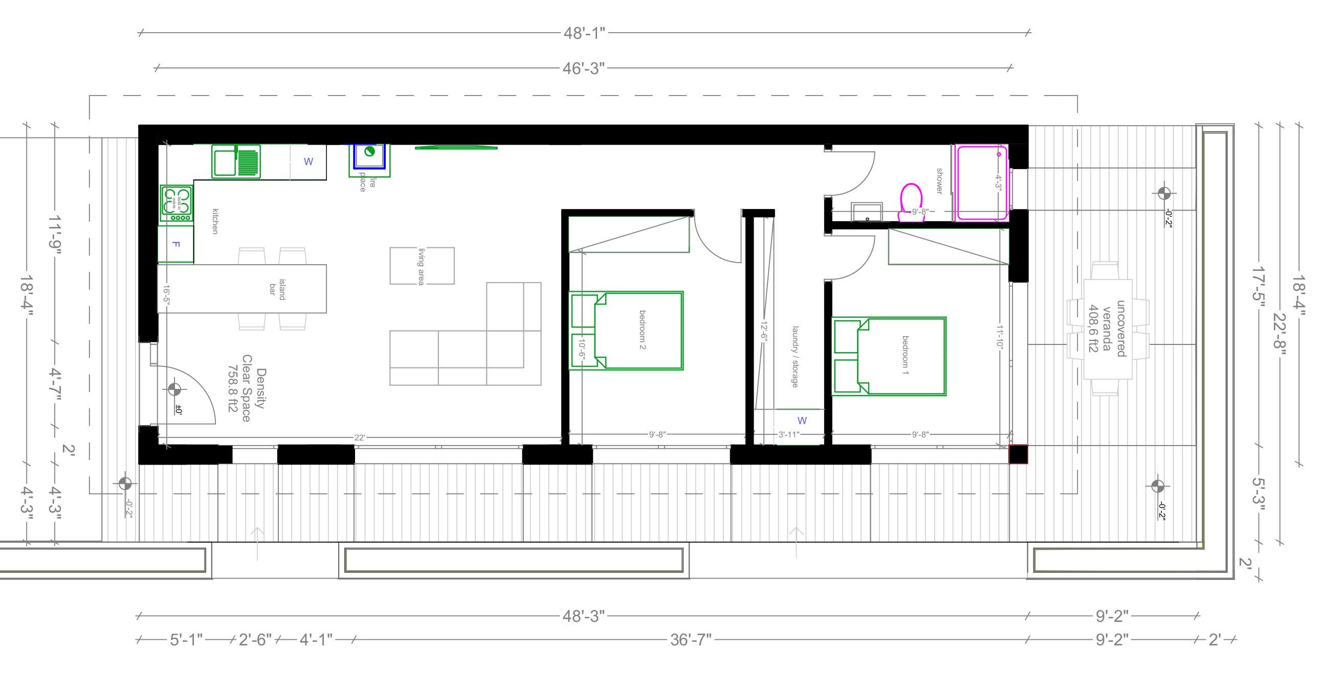 Cottage Style 2 Bedroom Home Plan – 850 Sq Ft, 18x48ft, Wood Frame ...