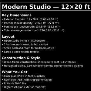 12x20 Ft - 1 Bed + Bath, Compact Studio Cabin – 240 Sq Ft, Shed Roof ...