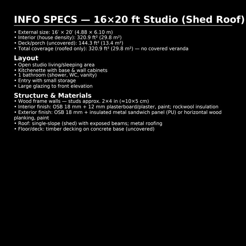 16x20 Ft Studio Plans – 320 Sq Ft + 144 Sq Ft Deck, Dark Rustic Wood ...