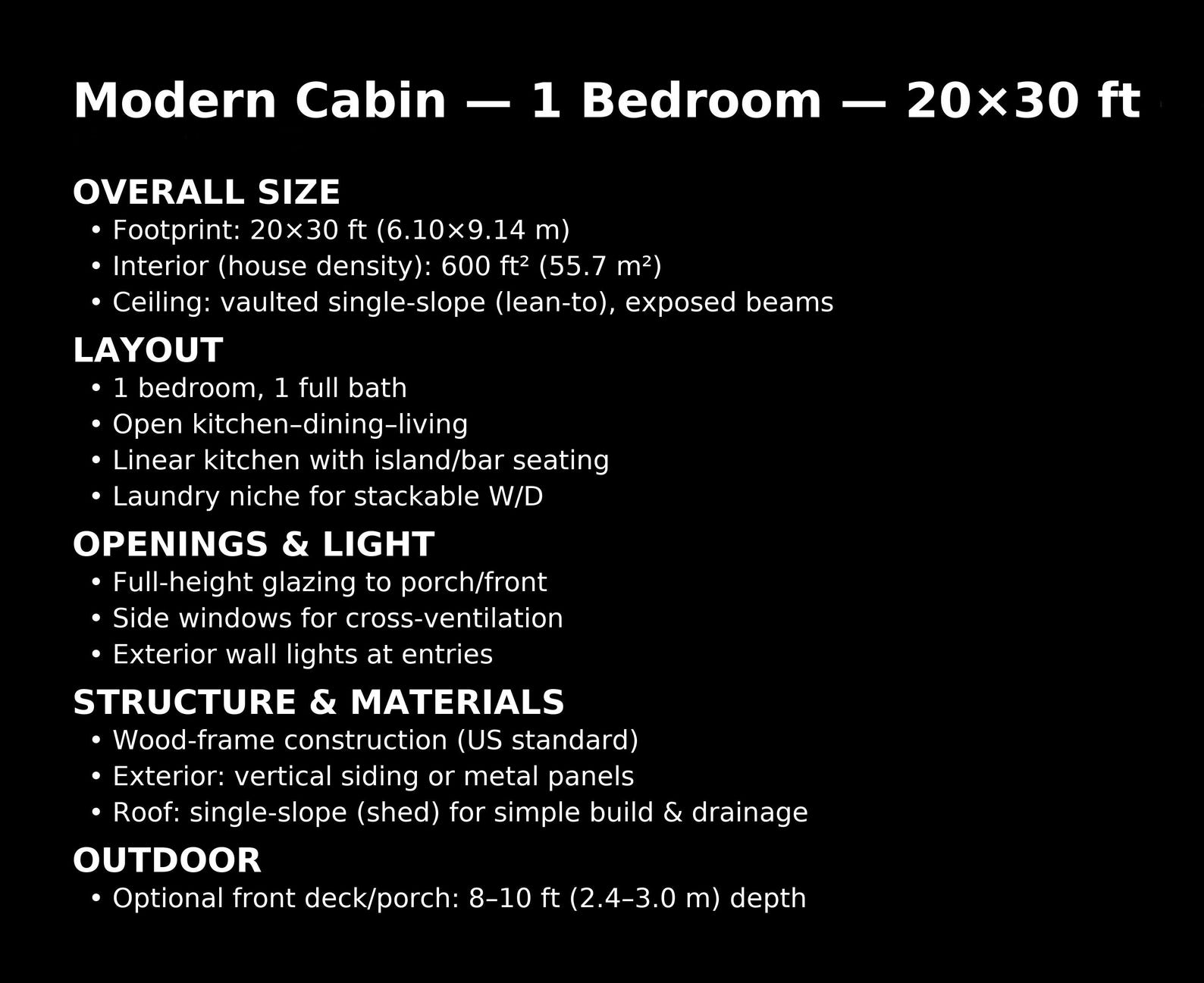 20x30 - 1 Bedroom Cabin Plans | 600 Sq Ft ADU House Plan With Porch ...