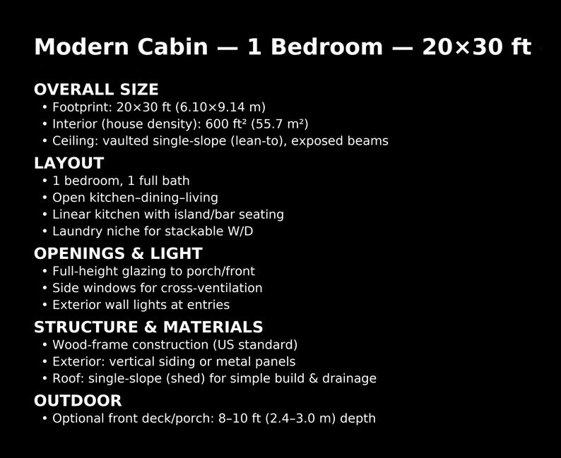 20x30 - 1 Bedroom Cabin Plans | 600 Sq Ft ADU House Plan With Porch ...