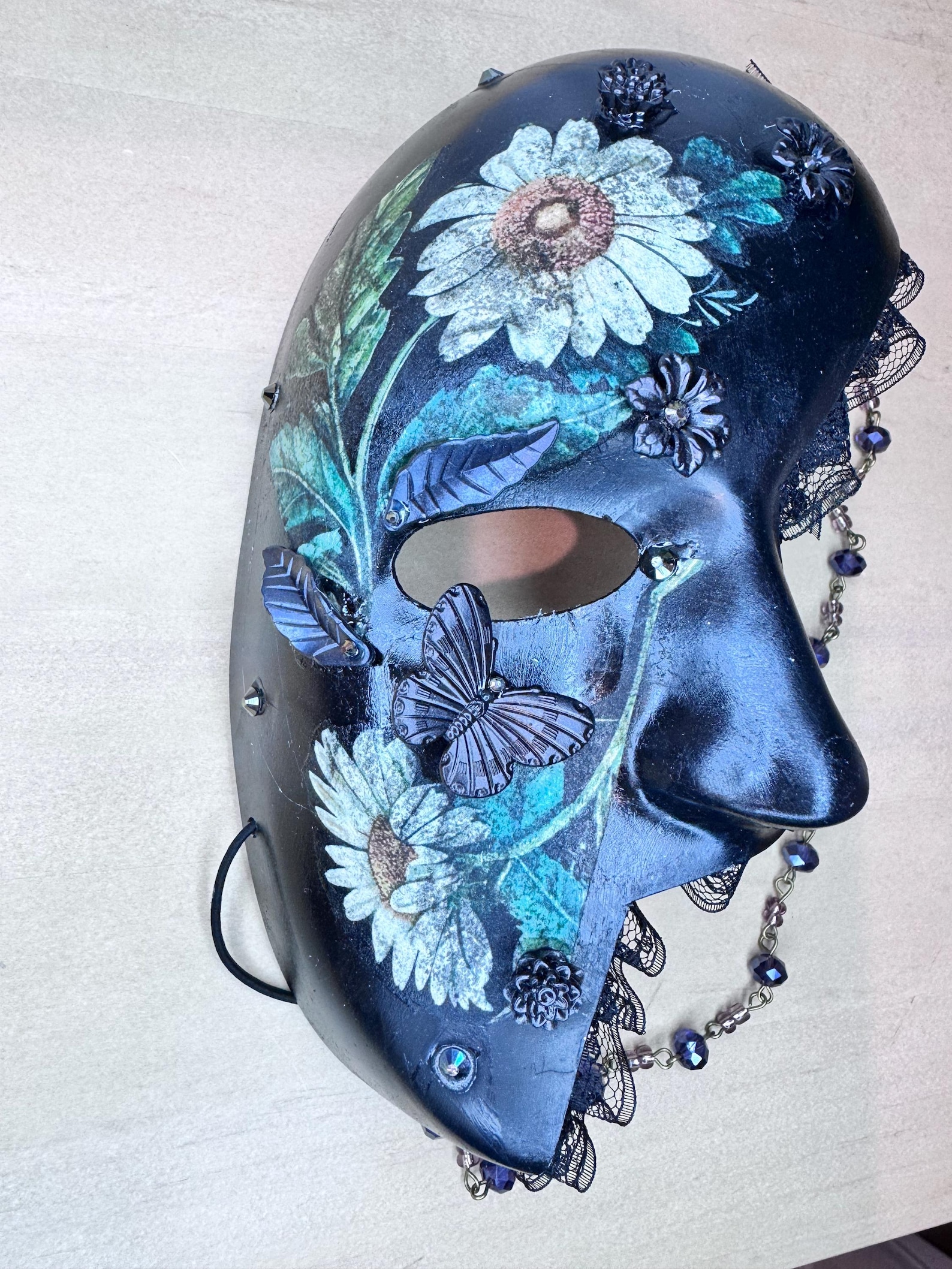 Gothic Masquerade Half Mask: Daisies, Butterfly, Lace Venetian Costume ...