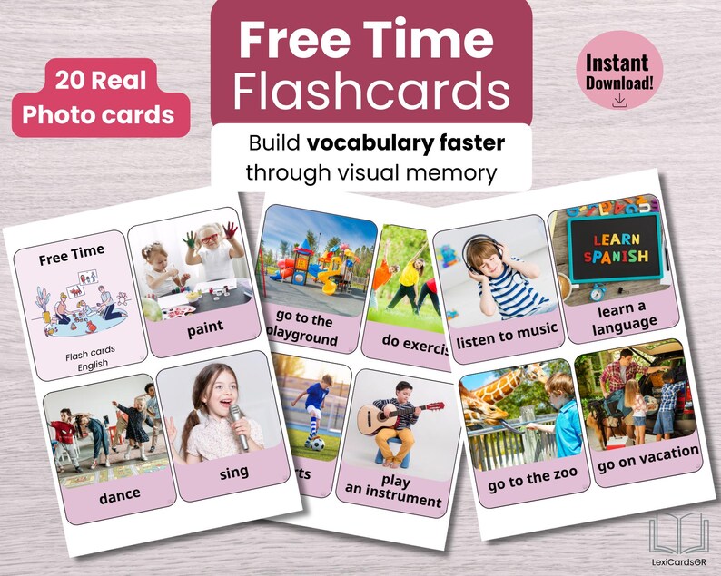 Free Time Vocabulary Flashcards | Real Photo English Learning Cards for ...