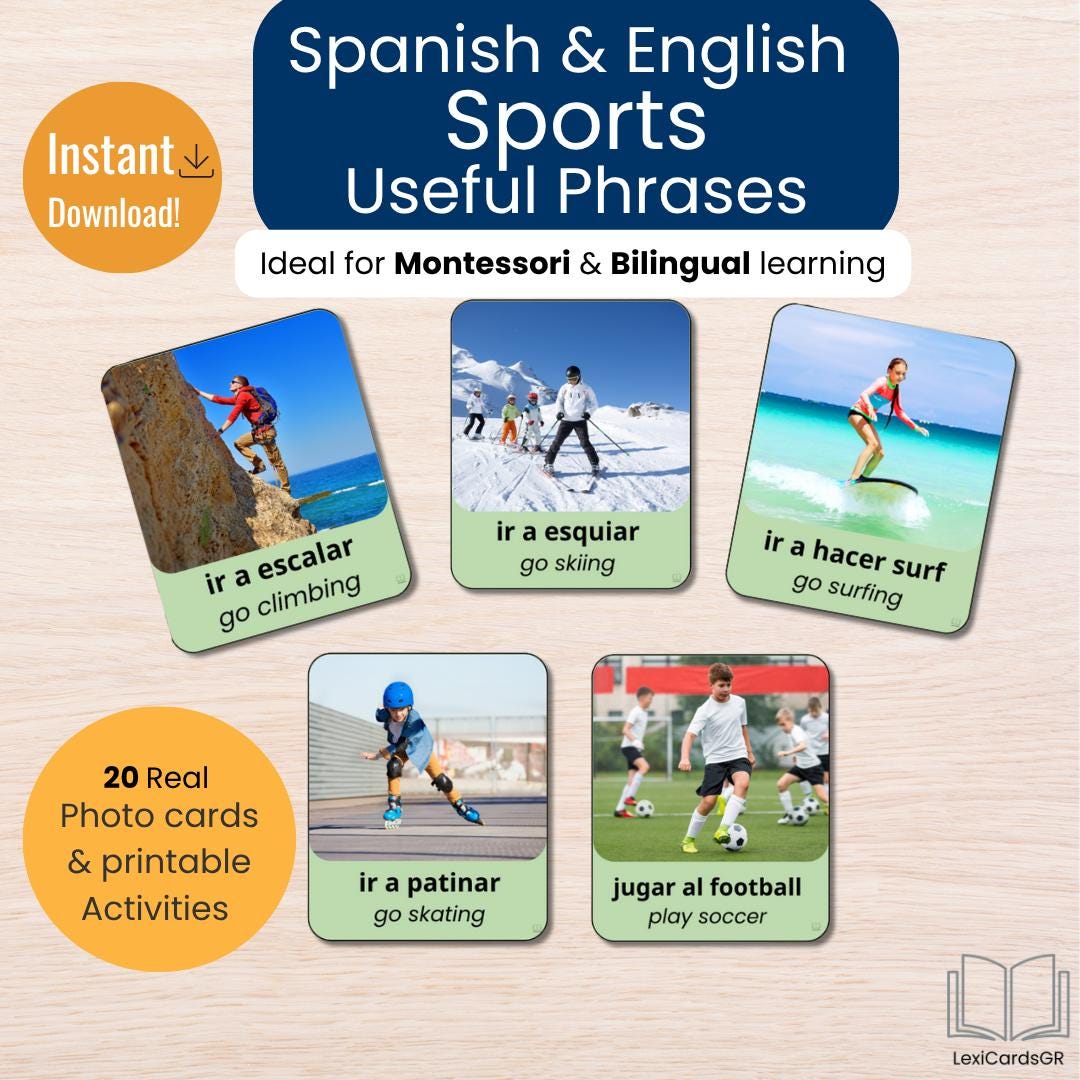 Sports Flashcards Spanish-english | Bilingual Vocabulary Cards for Kids ...
