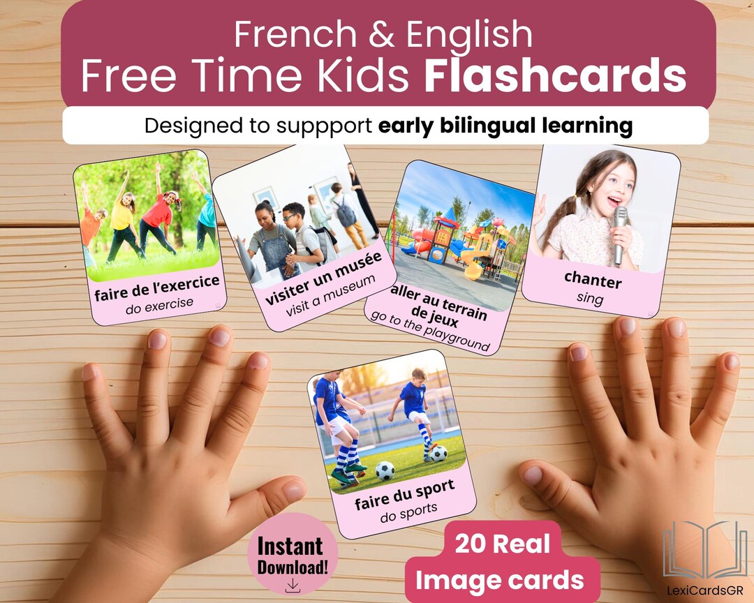 French English Flashcards for Kids, Free Time Activities, Bilingual ...