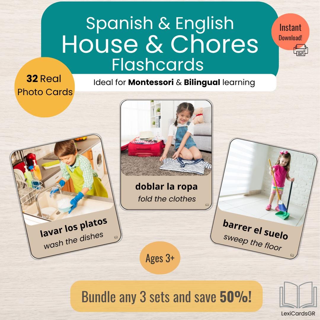 Daily Chores Flashcards English Spanish | Bilingual Routine Cards for ...