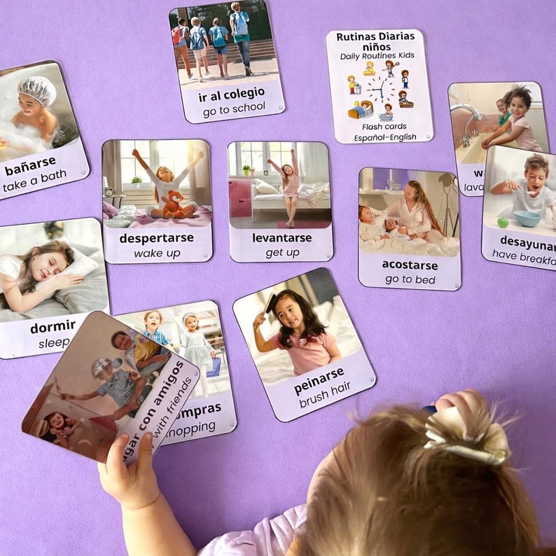 Spanish English Flashcards Printable | Daily Routine Bilingual Cards ...