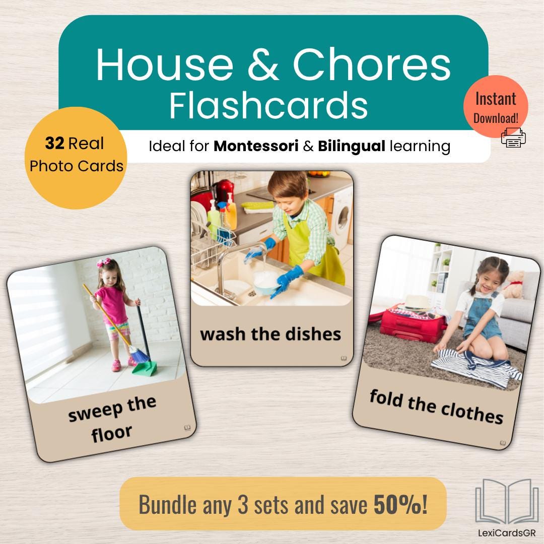 Montessori Daily Chores Flashcards | Realistic Household Routine Cards ...