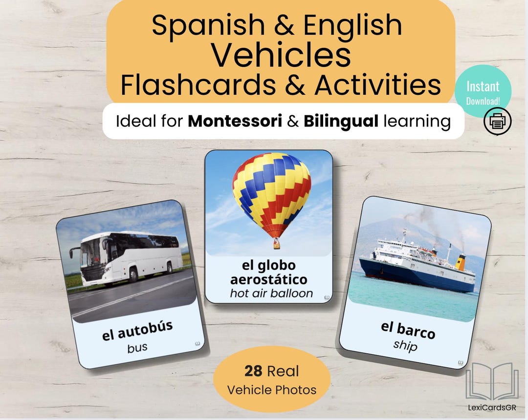 Bilingual English–spanish Vehicles Flashcards | Kids Transportation ...