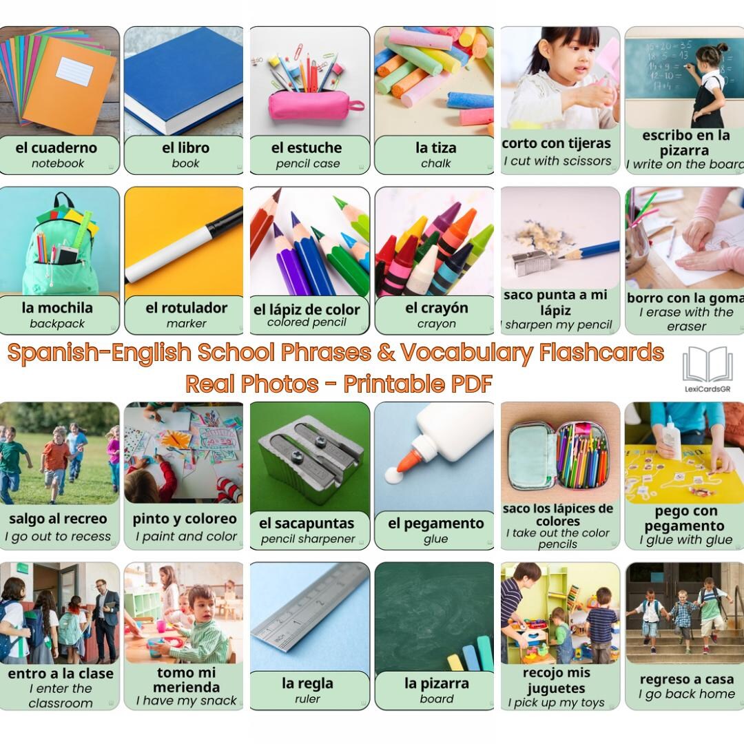 Spanish Flash Cards: School Vocabulary, Bilingual Learning (PDF ...
