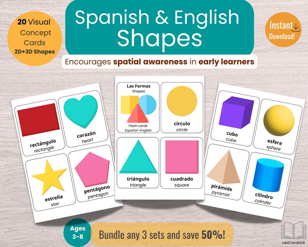 Shapes Printable Flashcards English Spanish | 2D & 3D Printable ...