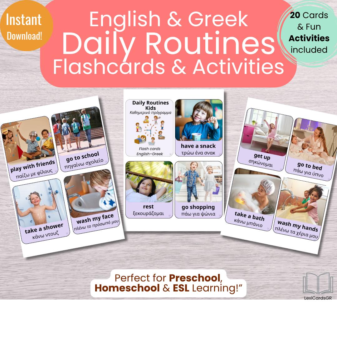 Tarjetas de vocabulario imprimibles de rutina diaria (inglés-griego ...
