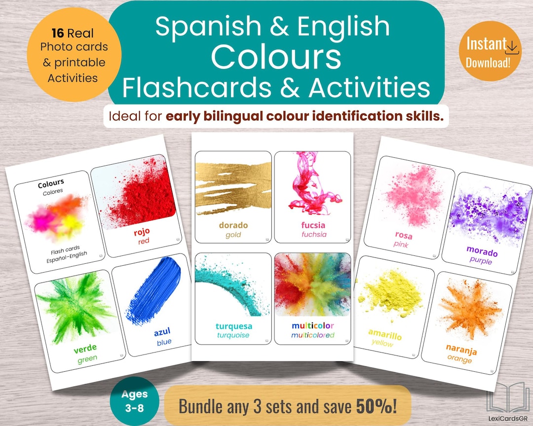 Bilingual Spanish English Colors Flashcards for Kids, Printable Real ...