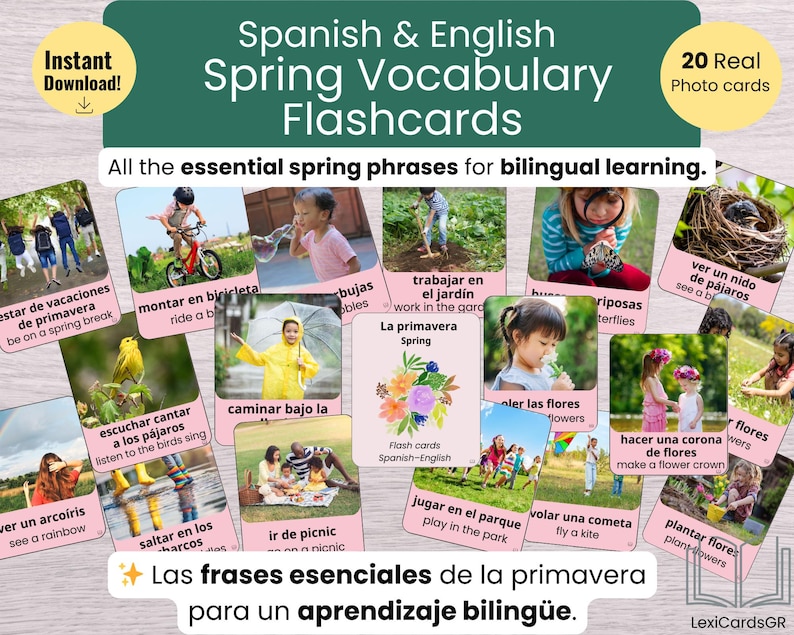 Spring Vocabulary Flashcards for Kids, Spanish English Bilingual ...
