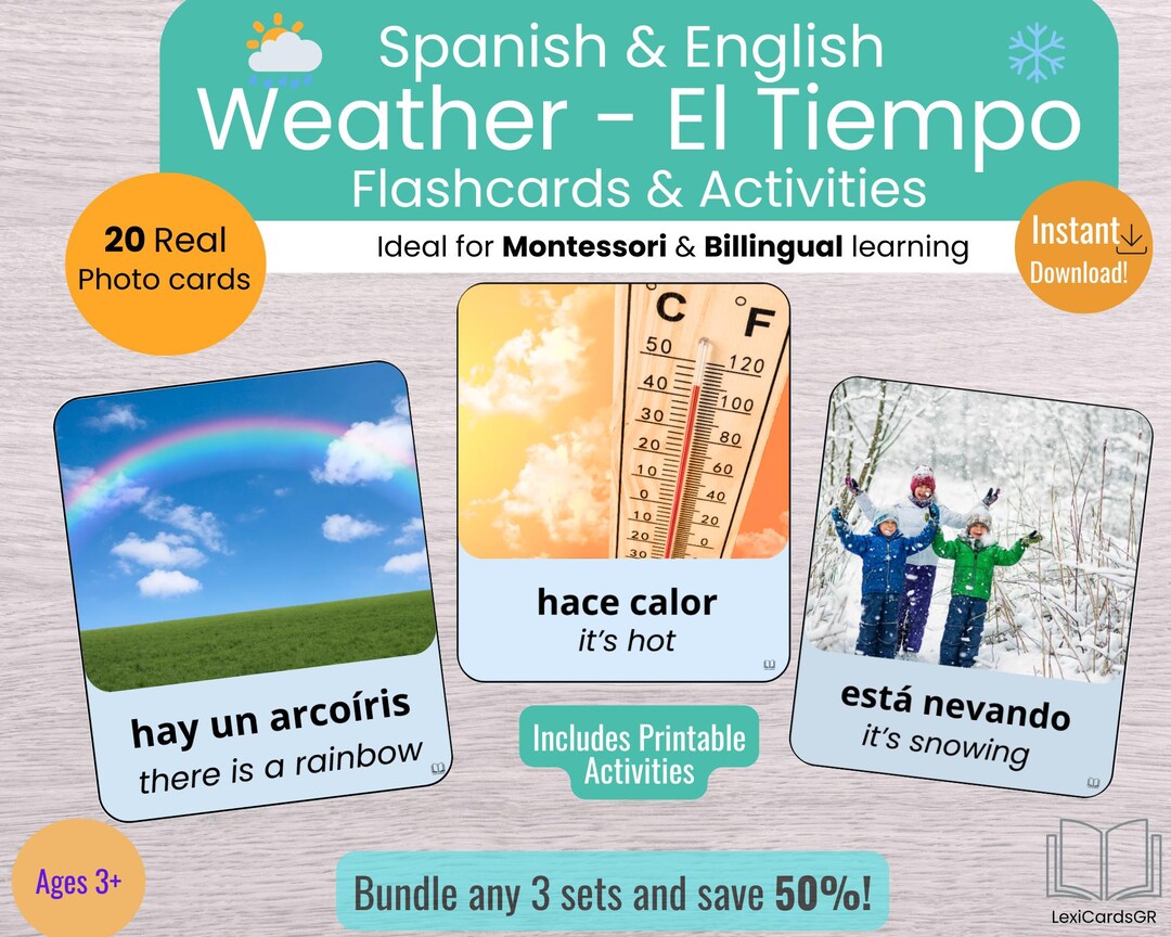 Bilingual Weather Flashcards: Spanish & English Learning (printable PDF ...