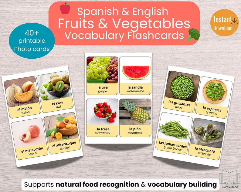 Fruits & Vegetables Flashcards | Spanish-english Bilingual Montessori ...