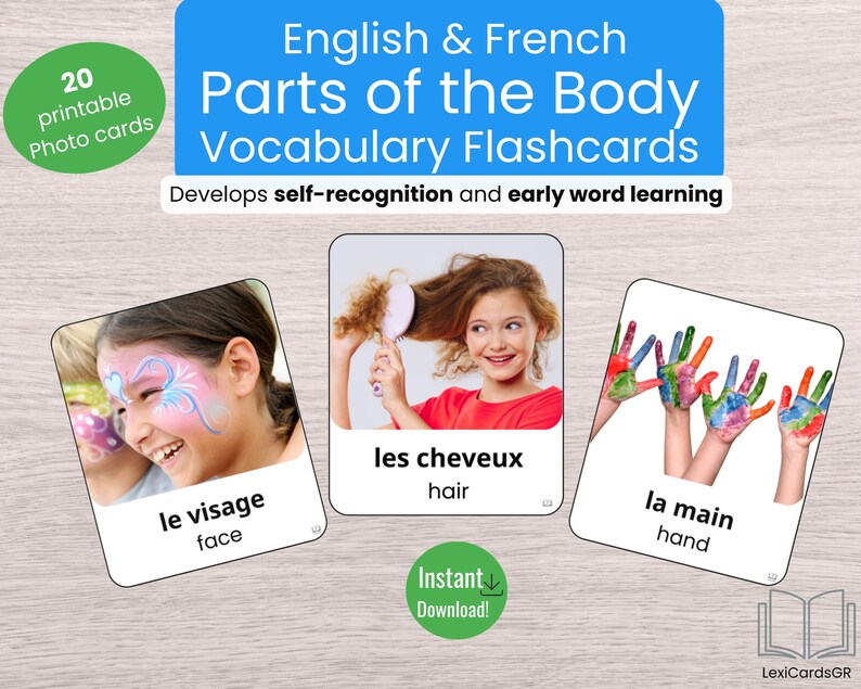 French English Flashcards Printable – Bilingual Body Parts Vocabulary ...