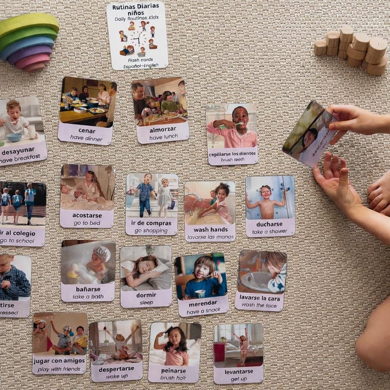 Spanish English Flashcards Printable | Daily Routine Bilingual Cards ...
