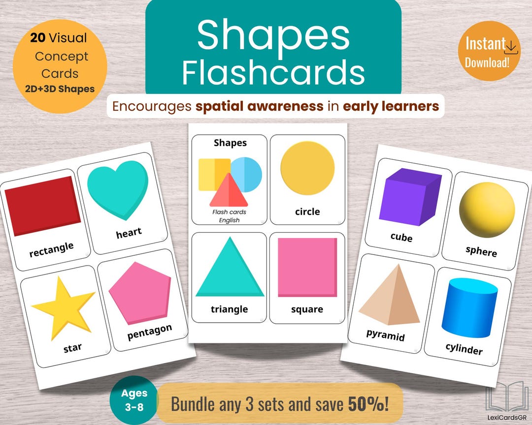 Shapes Flashcards for Kids | English Printable 2D and 3D Geometry Cards ...