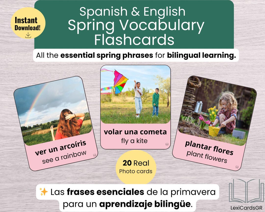 Spring Vocabulary Flashcards for Kids, Spanish English Bilingual ...