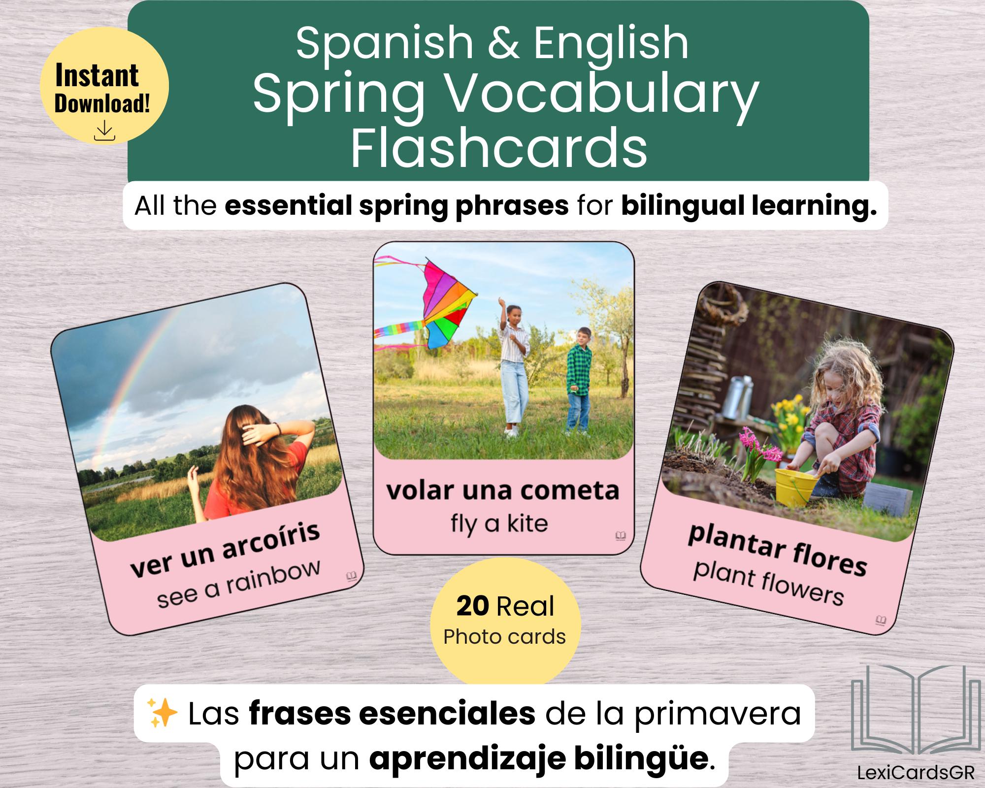 Spring Vocabulary Flashcards for Kids, Spanish English Bilingual ...