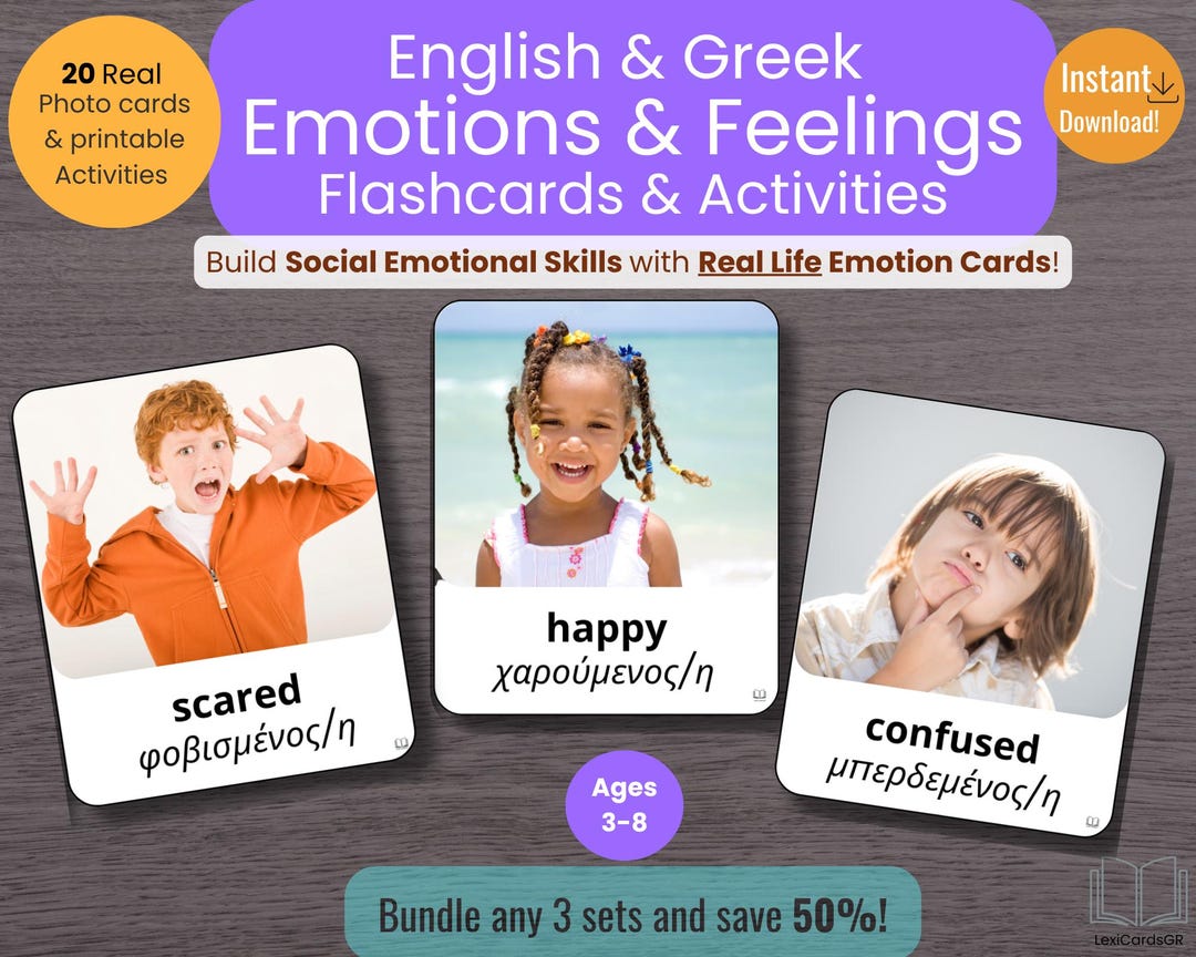 Montessori Bilingual Feelings Flashcards | English Greek Emotions Cards ...