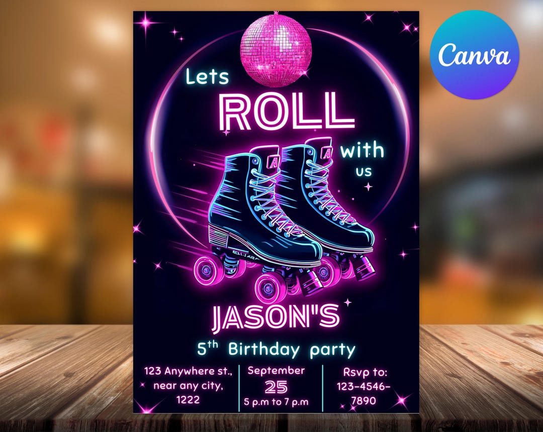 Retro Neon Roller Skating Birthday Invitation, Editable Canva Template ...