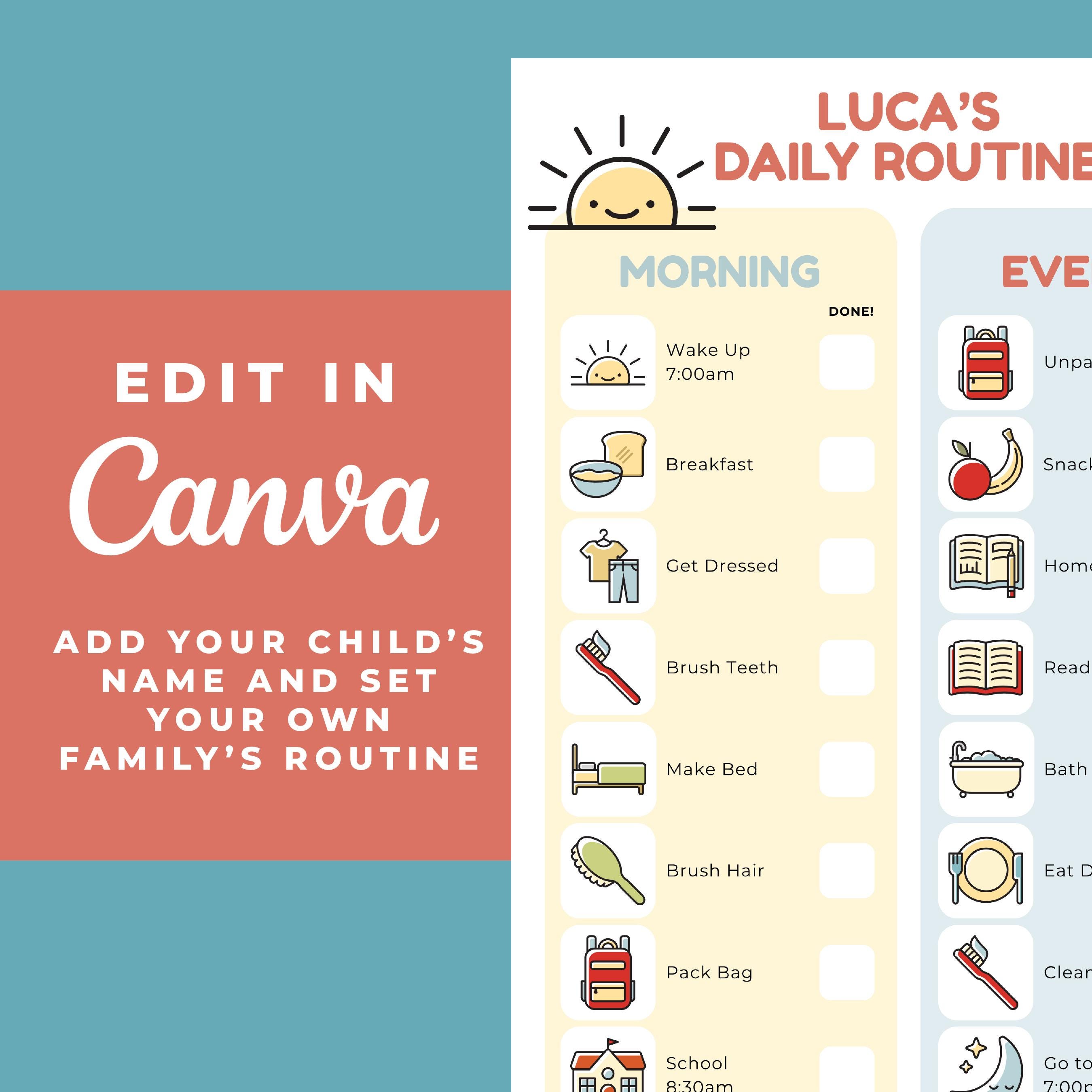 Printable Kids Morning & Evening Routine Chart | Editable Canva ...