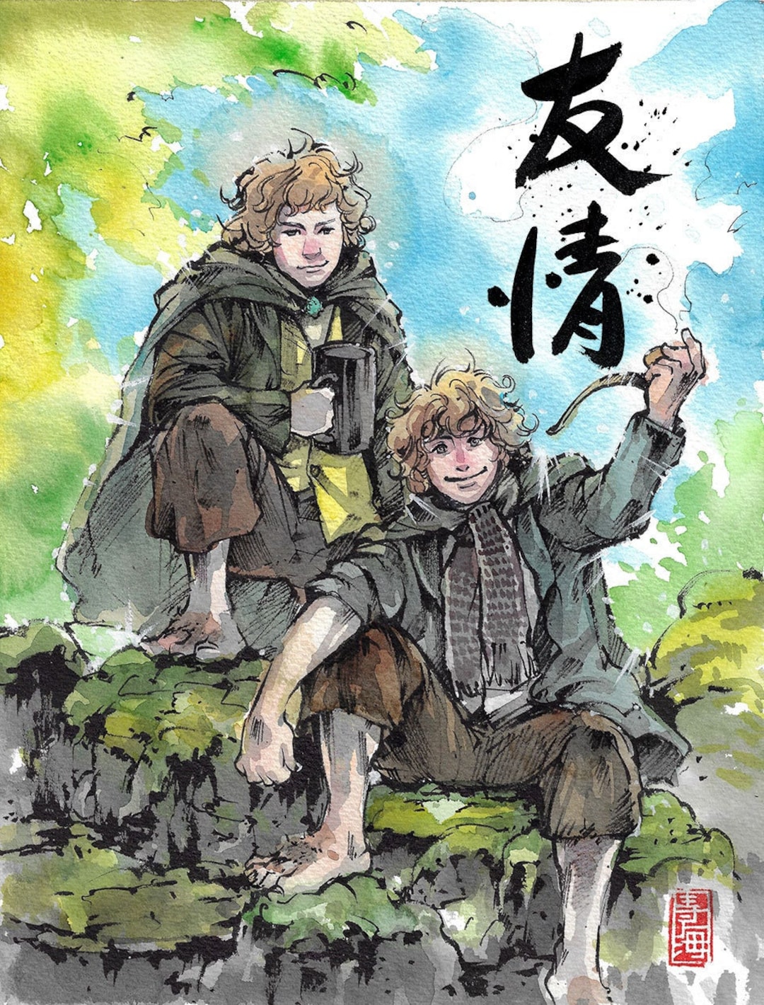 8x10" Fine Art Print Sumi Watercolor Art of Merry and Pippin From Lotr ...