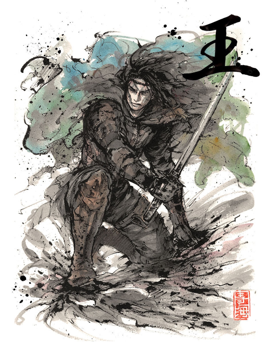 8x10" Fine Art Print Sumi Watercolor Art of Lan Mandragoran From WOT ...