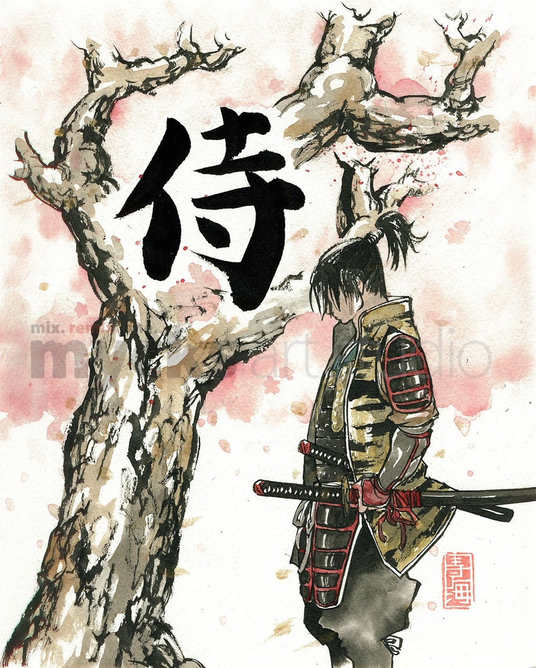 PRINT Samurai Under Sakura (cherry Blossoms) Tree 8x10 - Etsy