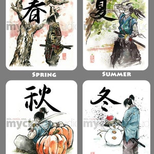 4 Piece SET Samurai 4 Seasons 8x10 PRINTS by Mycks Sword, Cherry ...