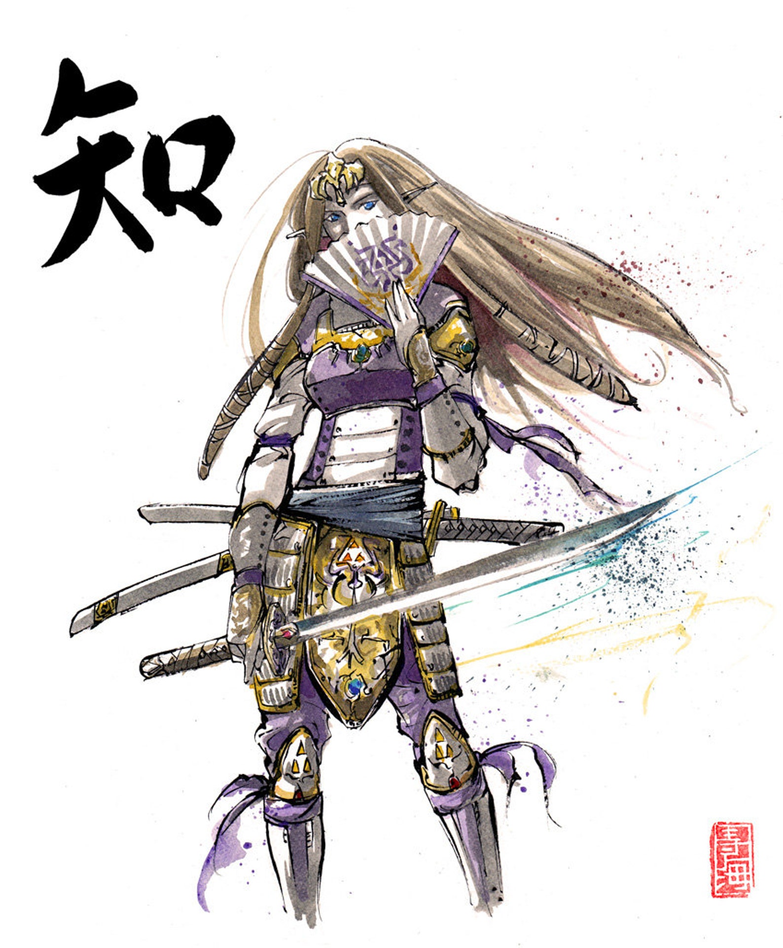 8x10 PRINT Princess Zelda in Samurai Armor Japanese Calligraphy Wisdom ...