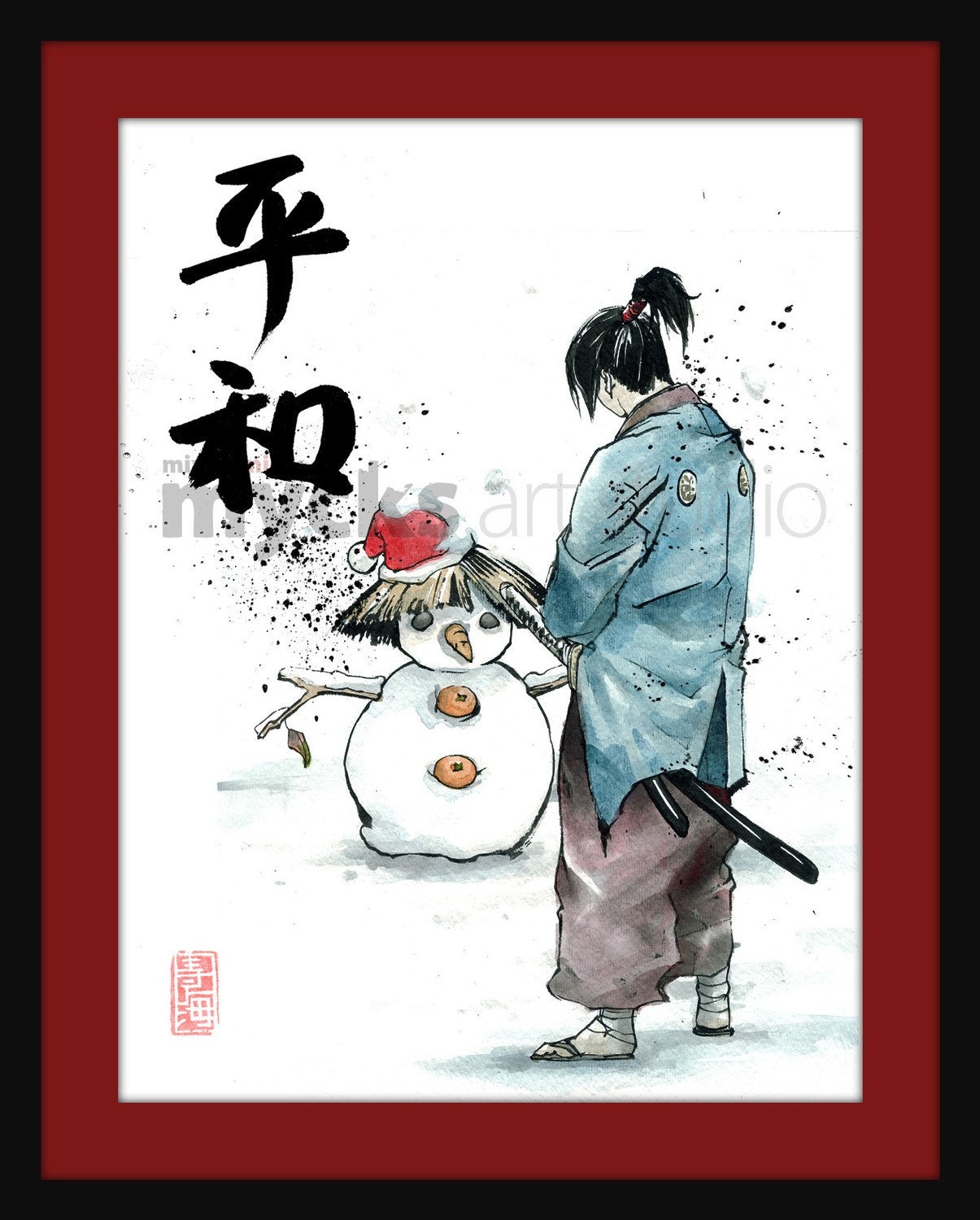 PRINT Samurai With Snowman Japanese Callirgaphy PEACE - Etsy
