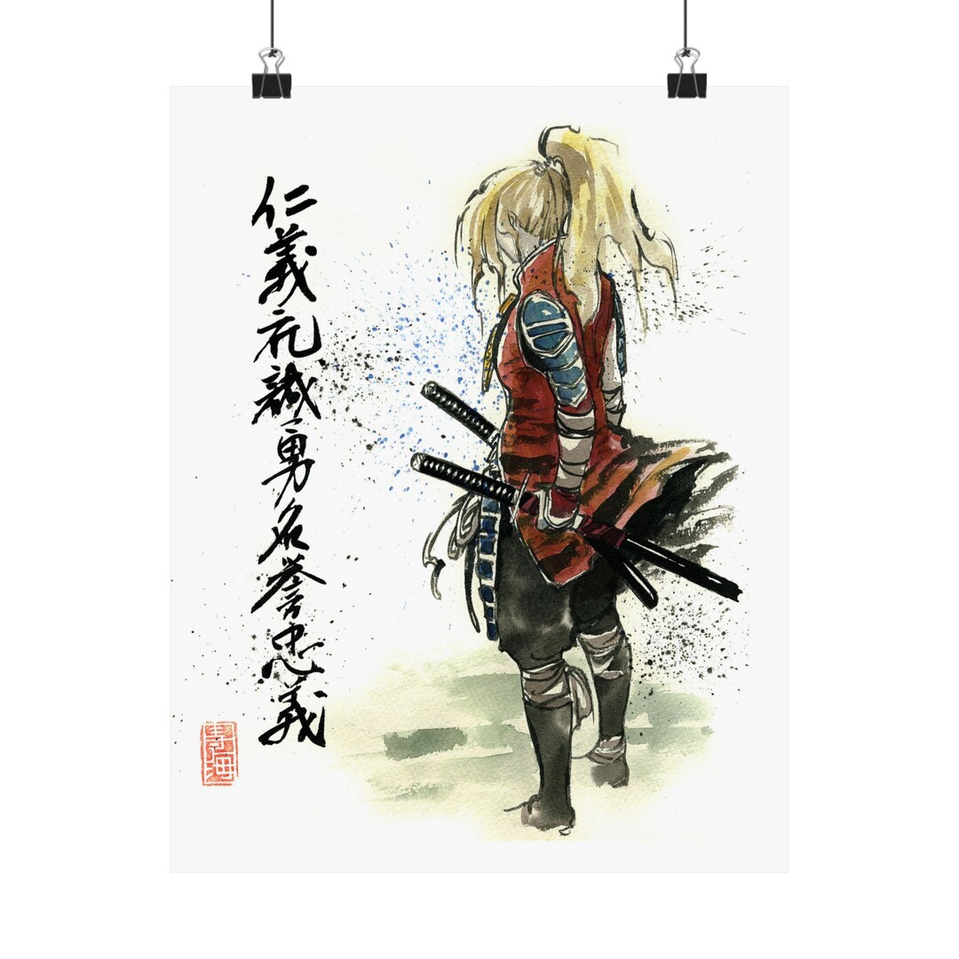 Matte Vertical Poster - Female Samurai With Calligraphy 7 Virtues of ...