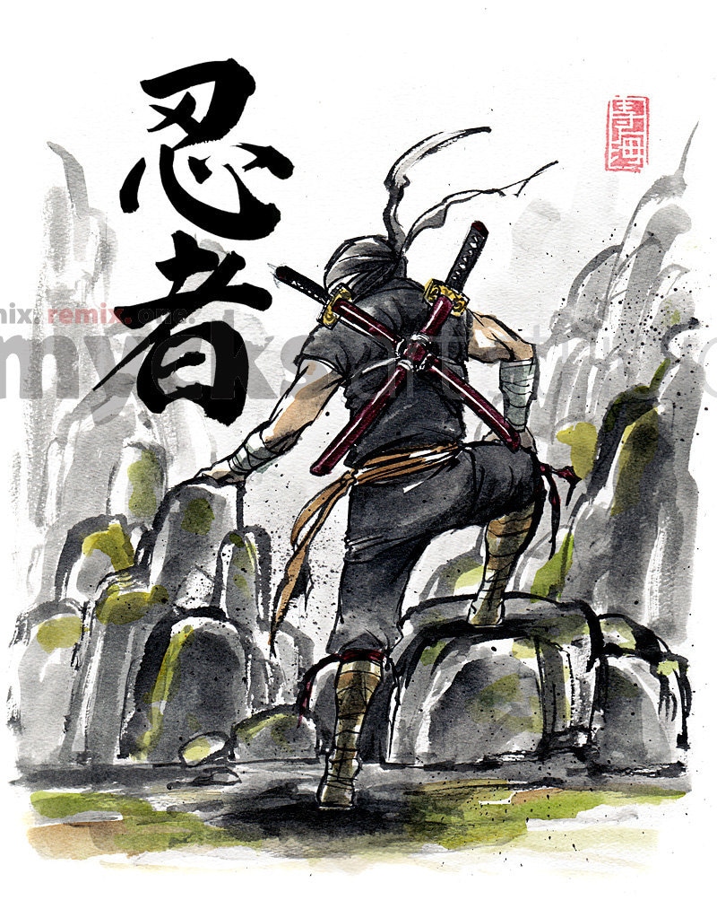 Print 8x10 NINJA Dual wielding sword Japanese Calligraphy | Etsy