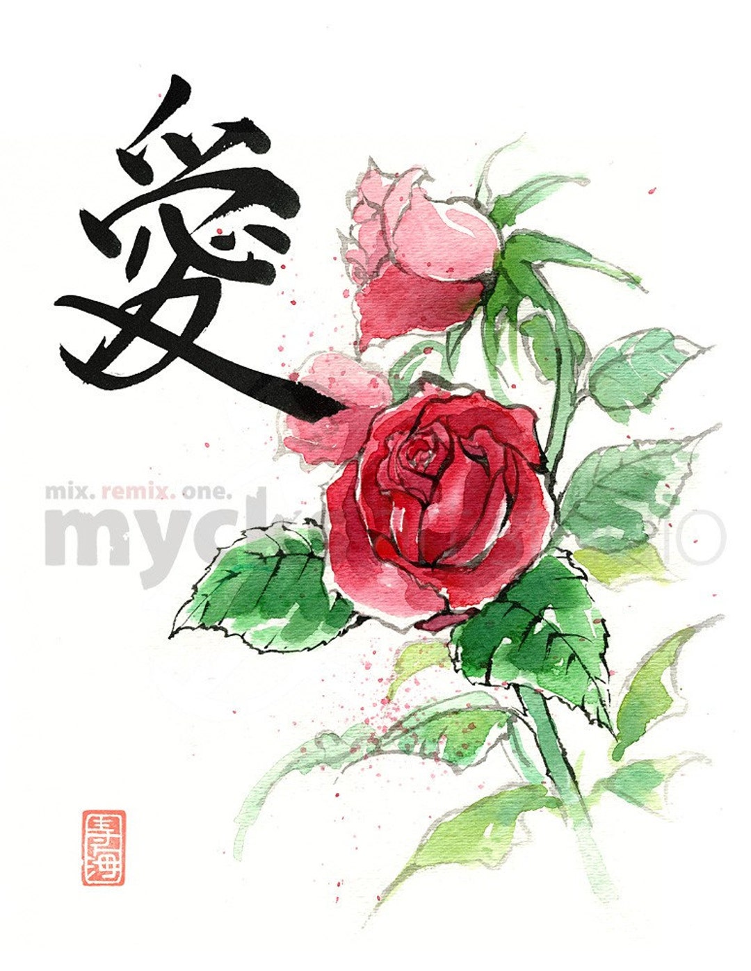 8x10 Print Japanese Calligraphy LOVE With Painting of Red Roses - Etsy