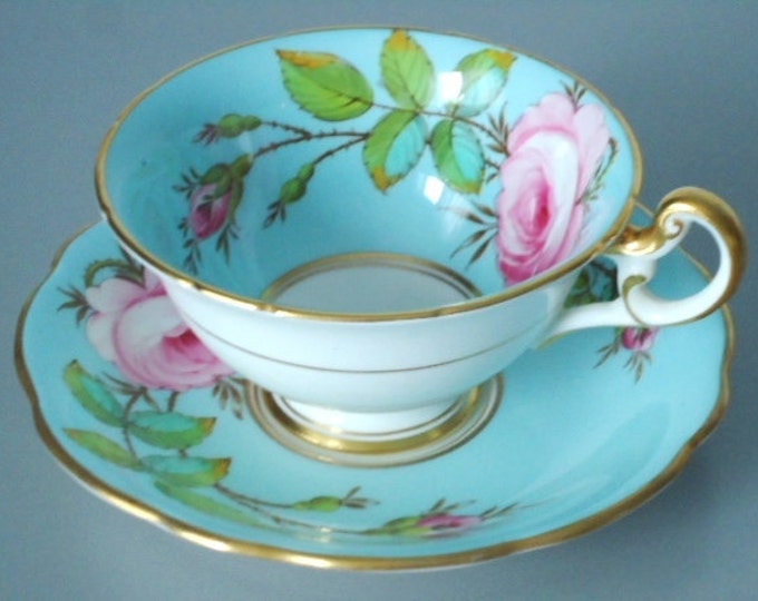 Vintage Tea Cup and Saucer Set, Turquoise and Pink Roses, Signed Foley ...