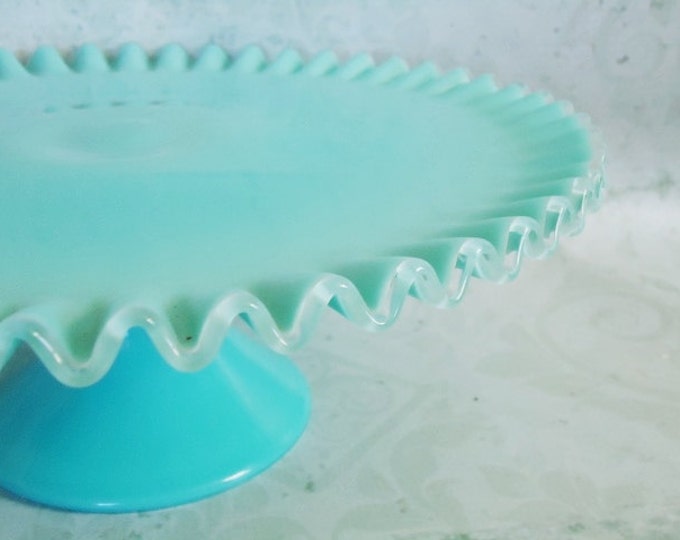 Fenton Turquoise Blue Silver Crest Milk Glass Cake Stand - Vintage ...