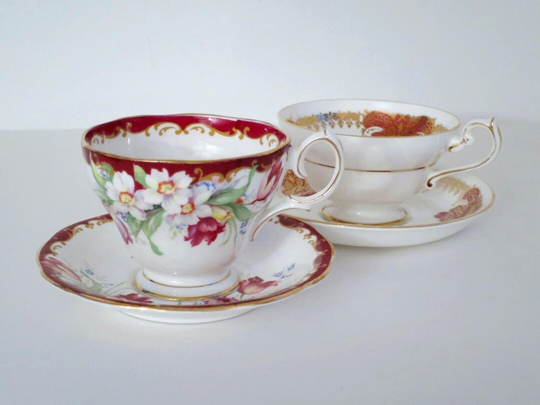 Vintage Tea Cups and Saucers, Pair of Mix and Match Red Vintage Teacup ...