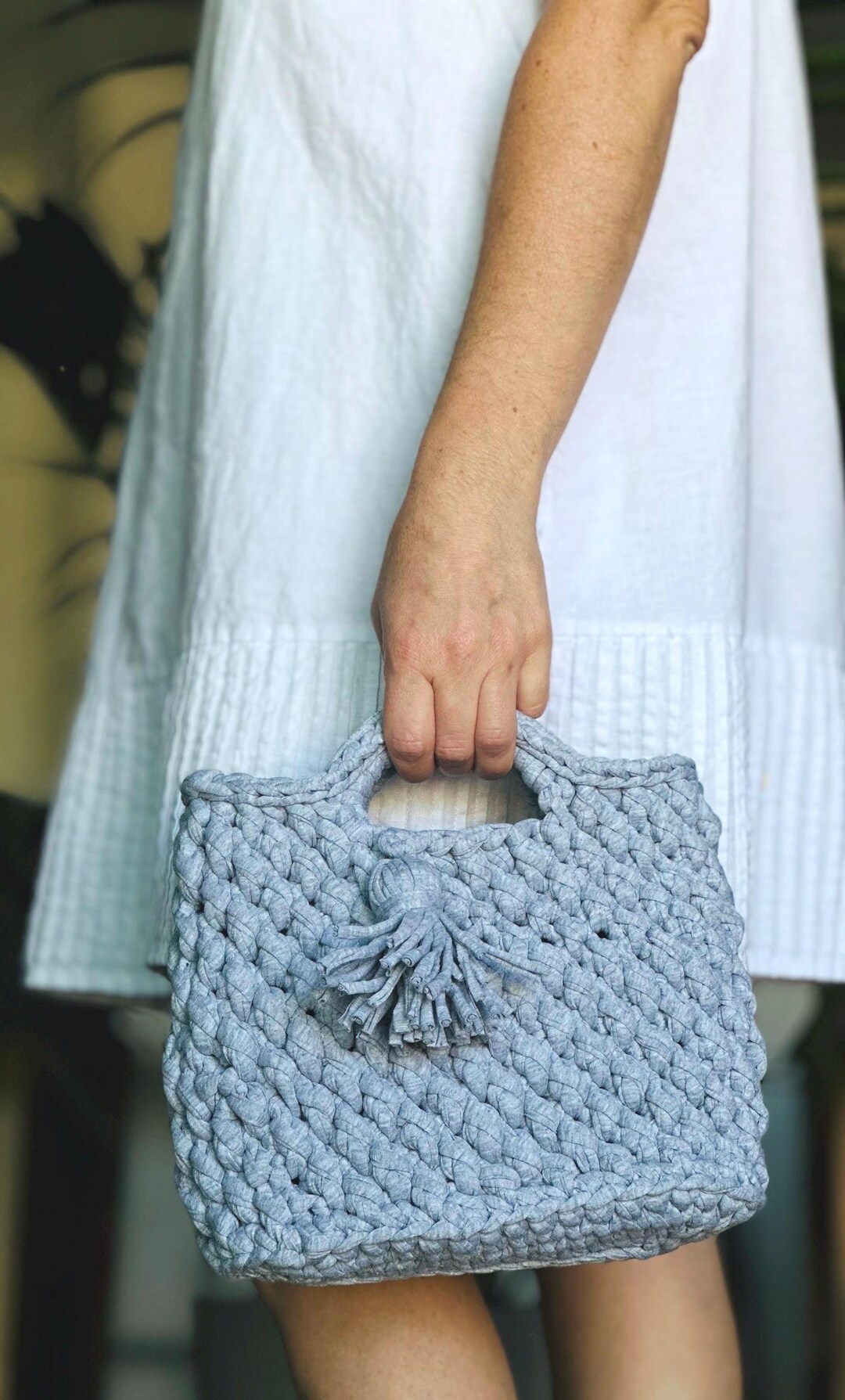 Chunky Crochet Cotton Tote Bag: Textured Gray Handmade Purse – Modern ...